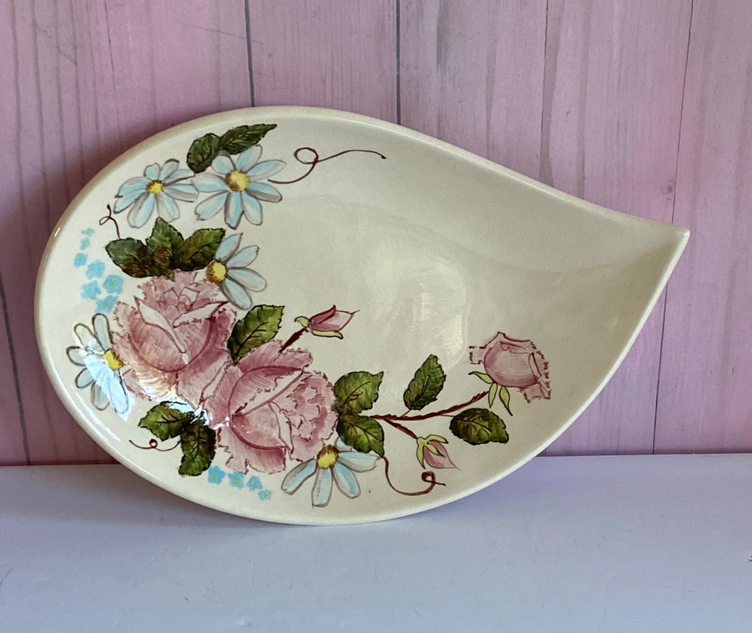 Vtg Rose Plate, Atomic Shape Rose Dish, MCM Rose Floral Plate, Footed ...