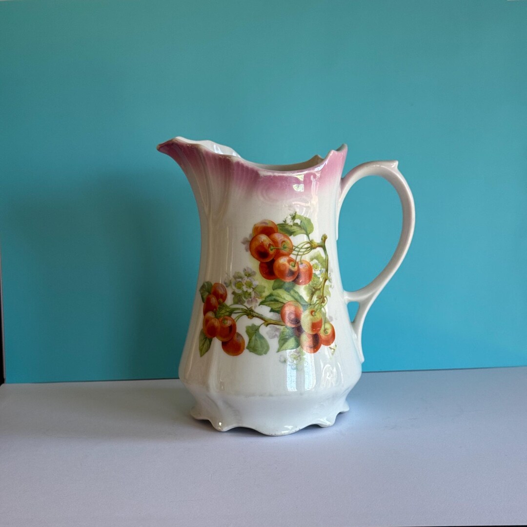 Vtg Bavarian Pitcher, Pink Trim Fruit/cherries/apple Motif Porcelain ...
