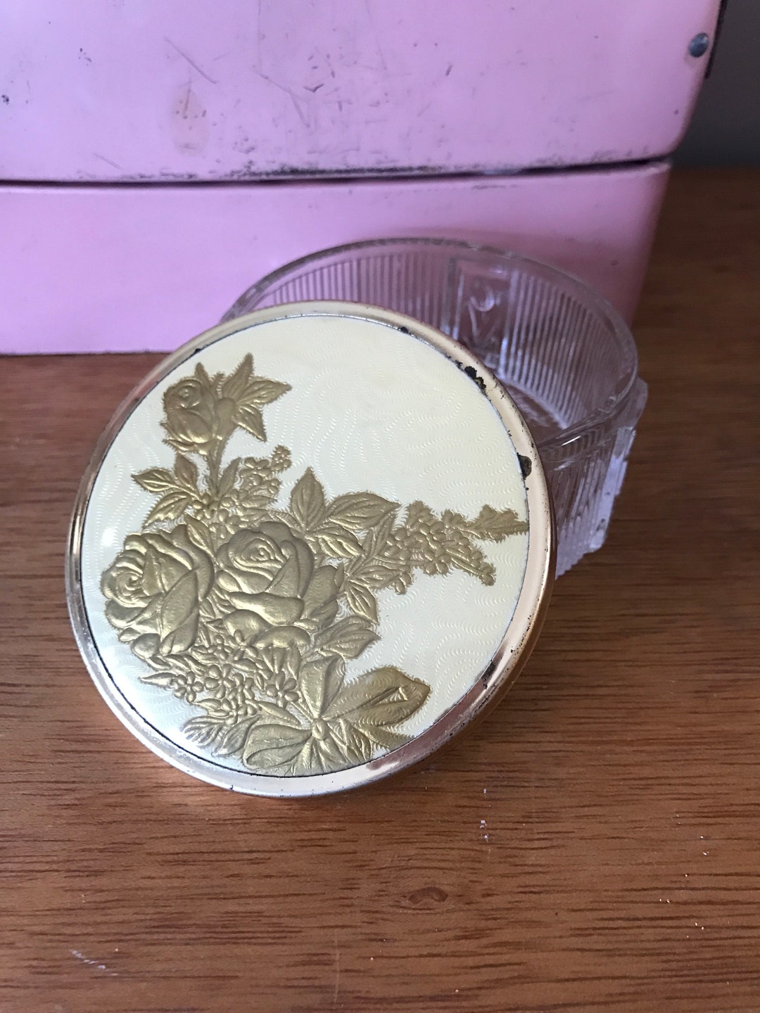 Vtg Glass Powder Puff Jar, Vanity Jar Clear Ribbed Glass Footed Trinket ...