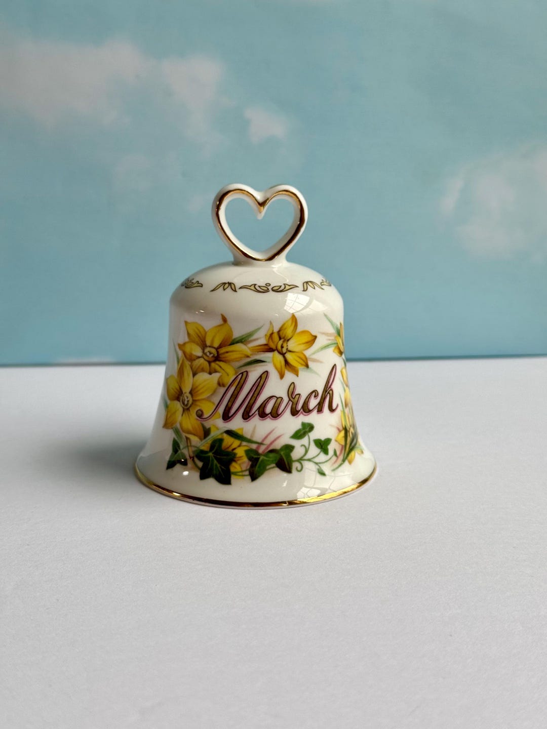 Vtg Birthday Bell, Porcelain Bell March Birthday Flower Daffodil Heart ...