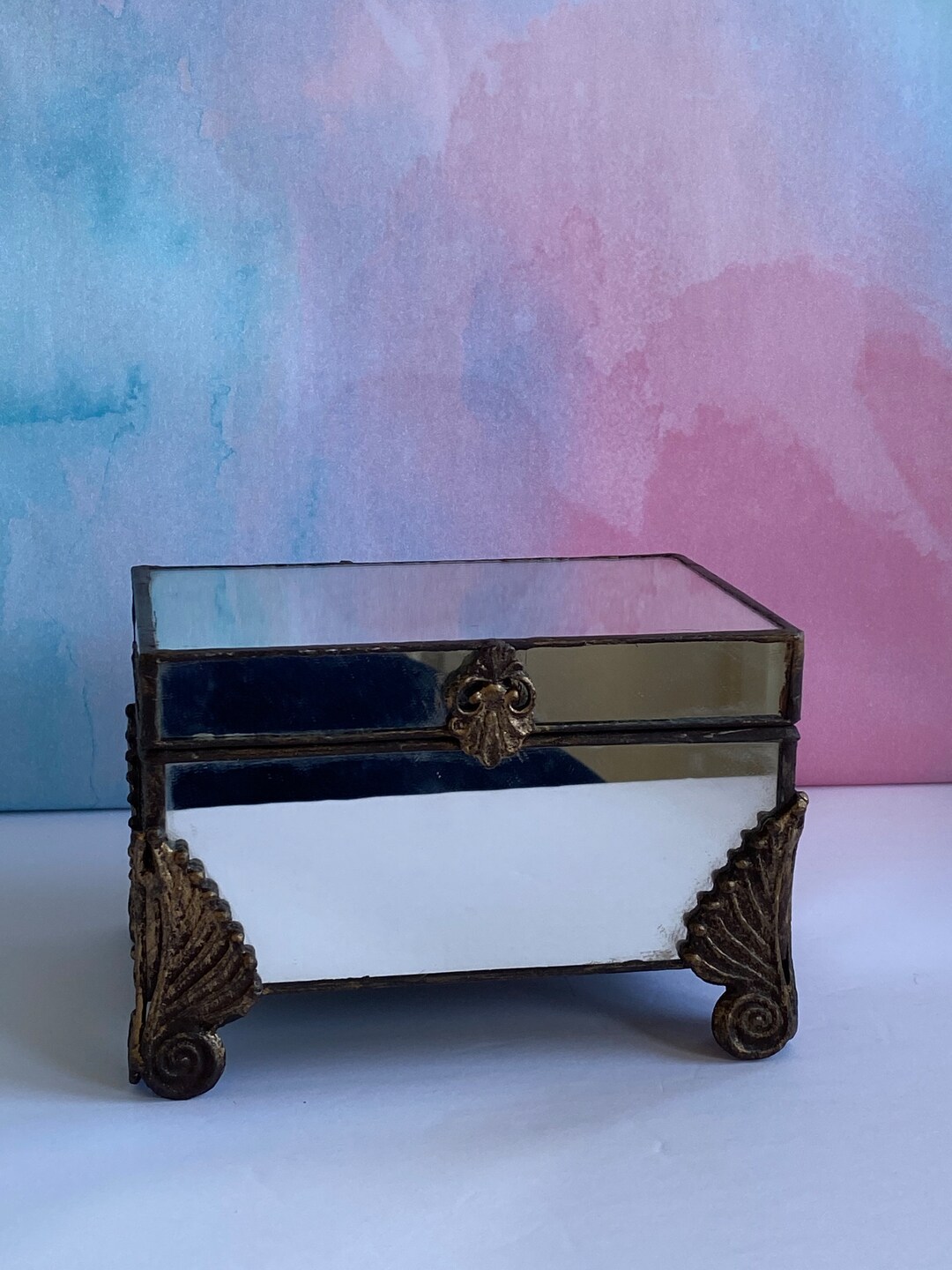 Vtg Mirrored Jewelry/ Trinket Box, Wood and Mirrored Sides Box, Metal ...