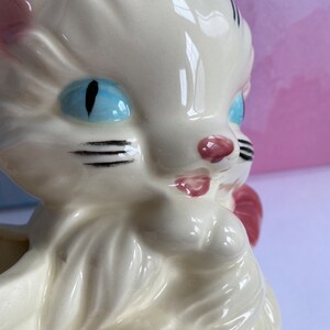 Vtg Ceramic Cat Planter Vase, Large White Cat Pink Bow, Blue Eyed White ...