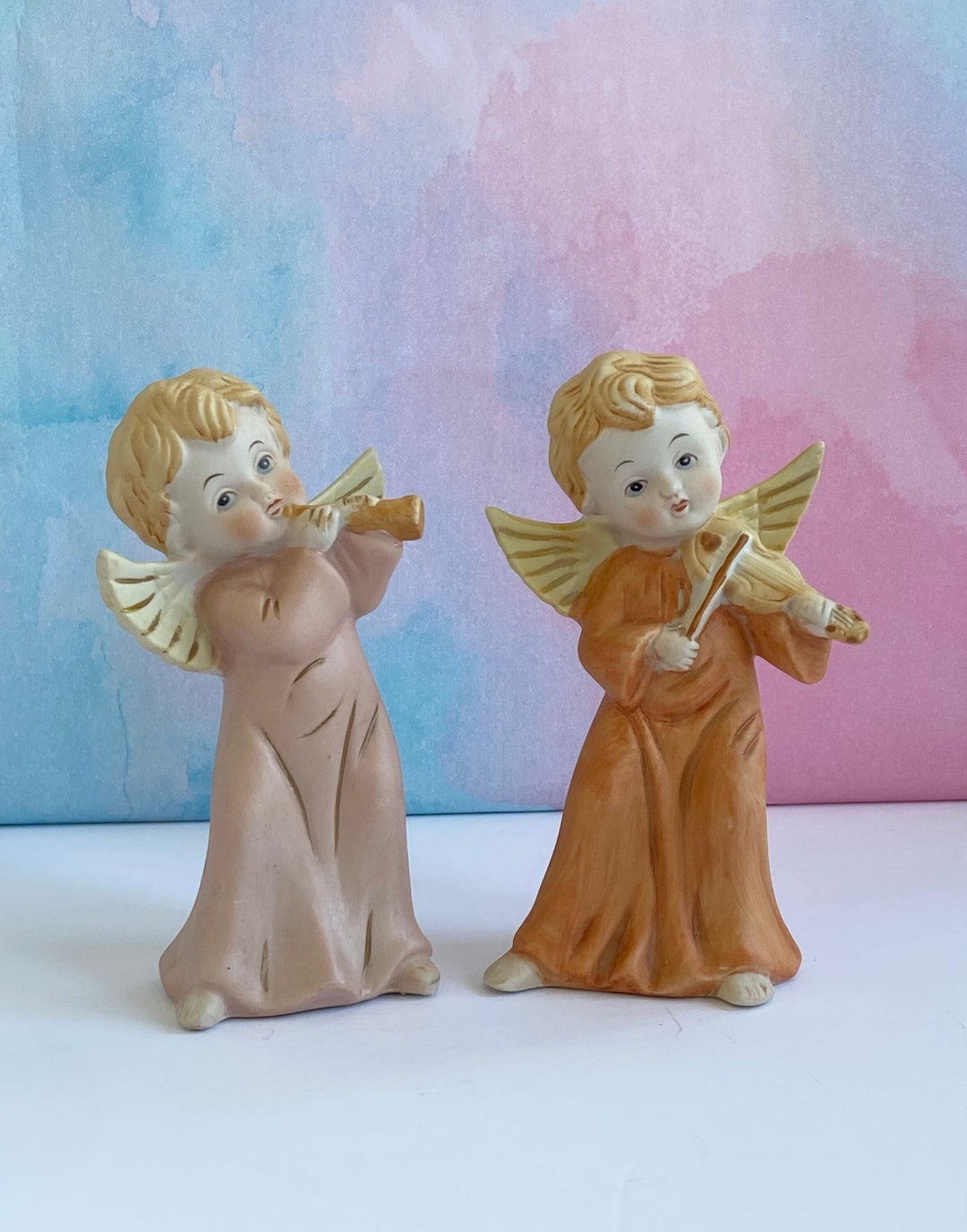 Vtg Homco Angel Figurines, Cherub Long Robed Angels Set of 2 Musical ...