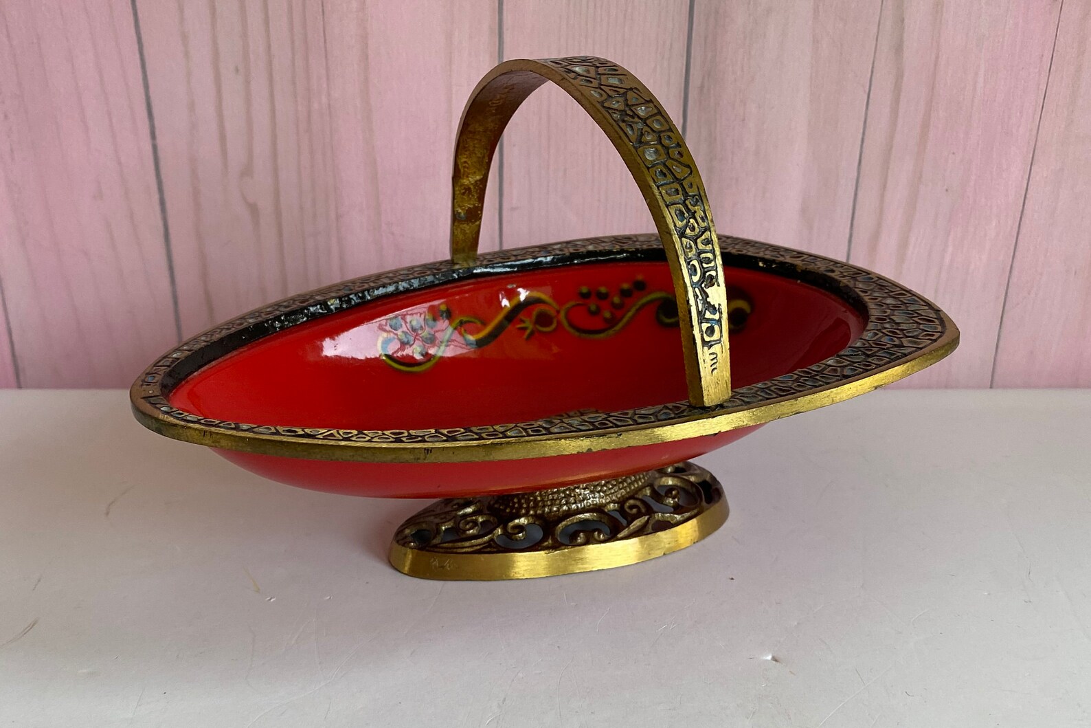 Vtg Brass and Enamel Red Footed Handled Dish, Made in Jerusalem, Israel ...