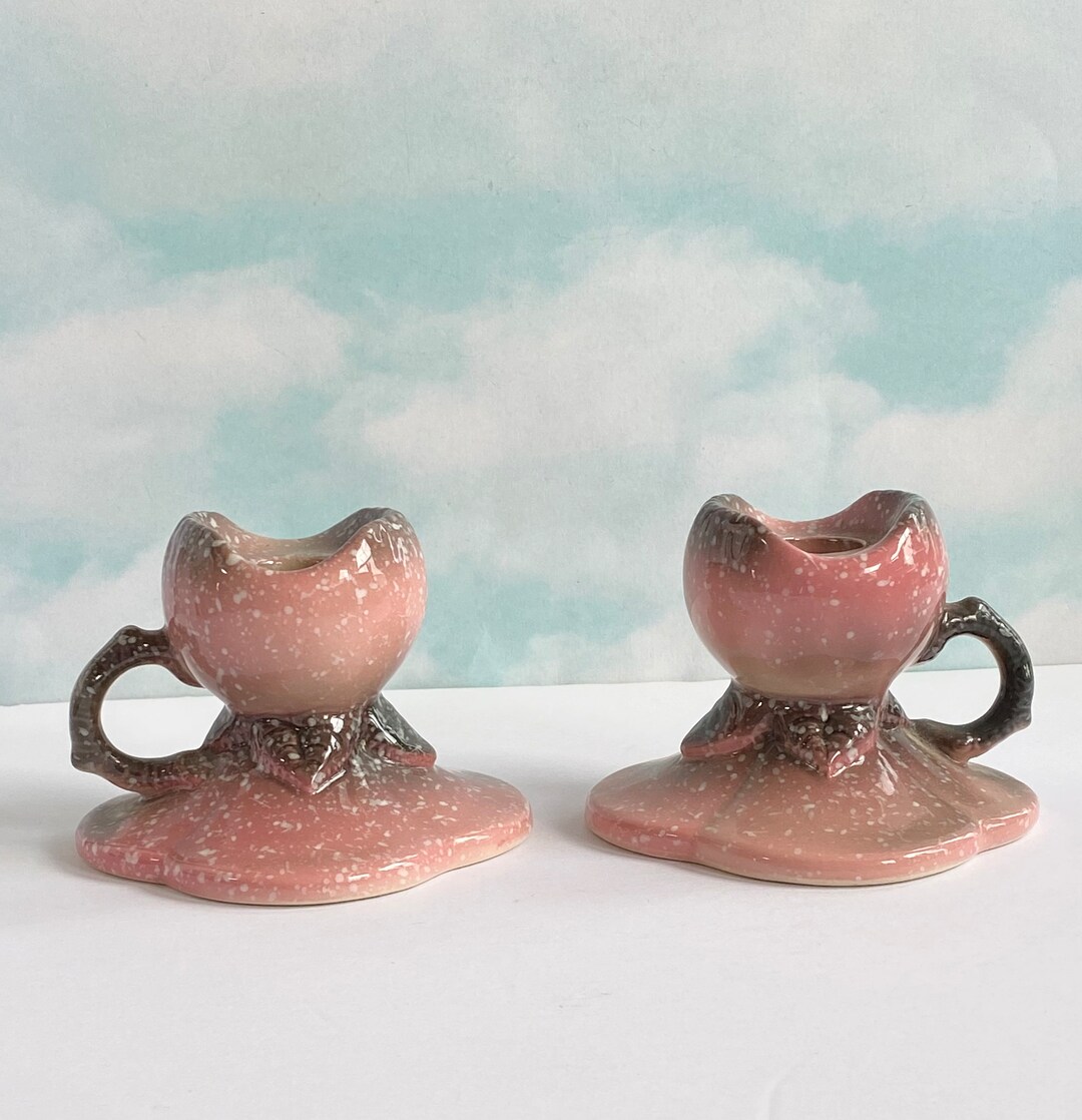 Vtg Hull Pottery Candle Holders in Pink and Gray MCM W30 Ceramic Royal ...
