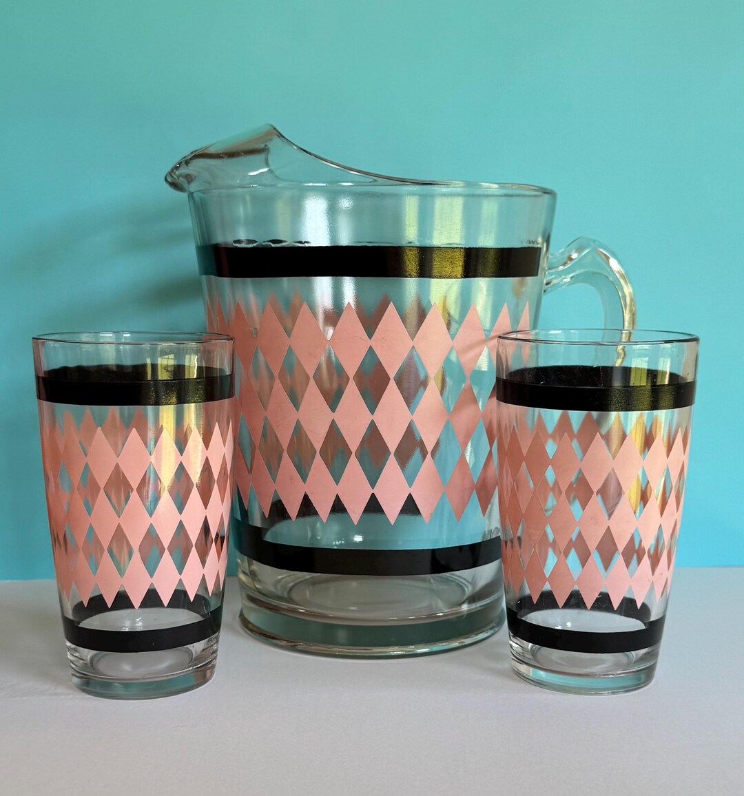 Hazel Atlas Pink Diamond Pitcher Set: 1950s Harlequin Glassware - Etsy