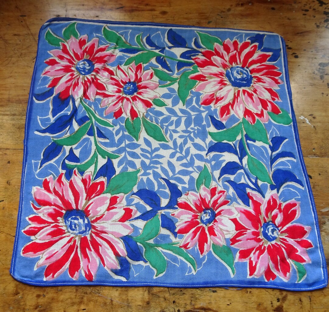 FABULOUS Vintage 1940s Art Deco Hankie,colorful Blue and Pink Flowers ...