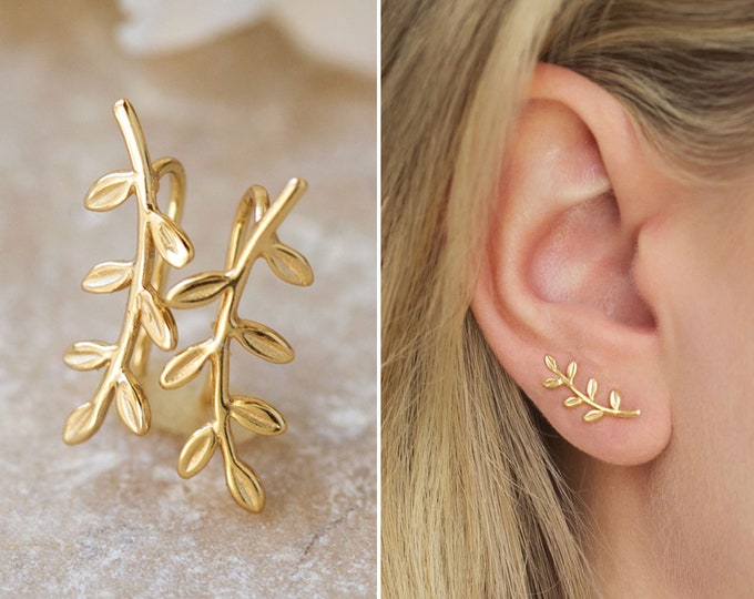 Gold Leaves Ear Climber Leaf Ear Cuff Earrings Silver Leaf Ear Climbers Minimalist Leaf Earrings ...
