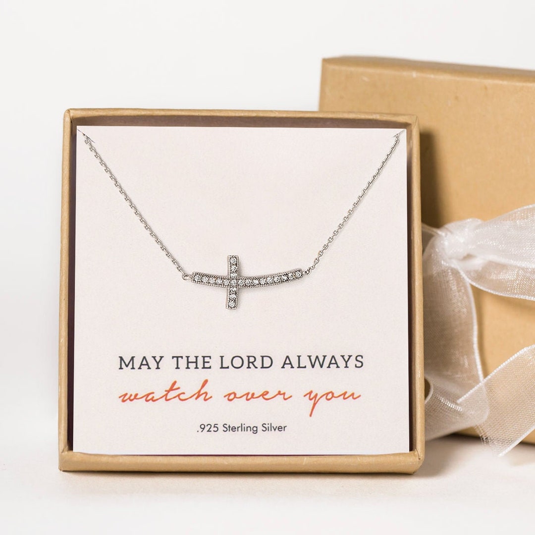 Religious Gift for Her – Sideways Cross Necklace, Sterling Silver CZ ...
