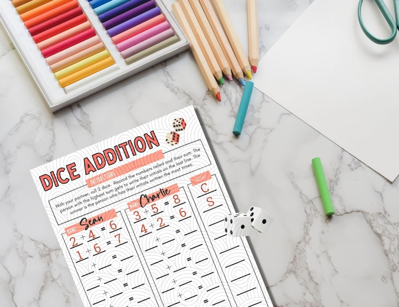 Dice Addition Game Printable, First Grade Math Worksheet (PDF) - Etsy