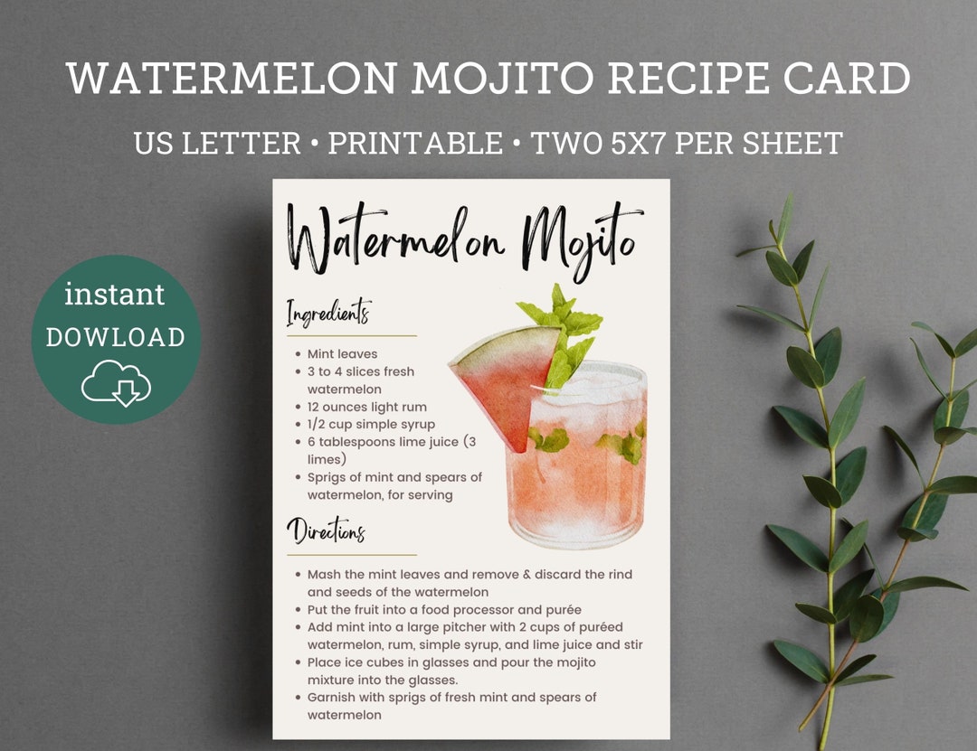 Watermelon Mojito Printable Recipe Card, Mojito Gift Basket, Cocktail ...