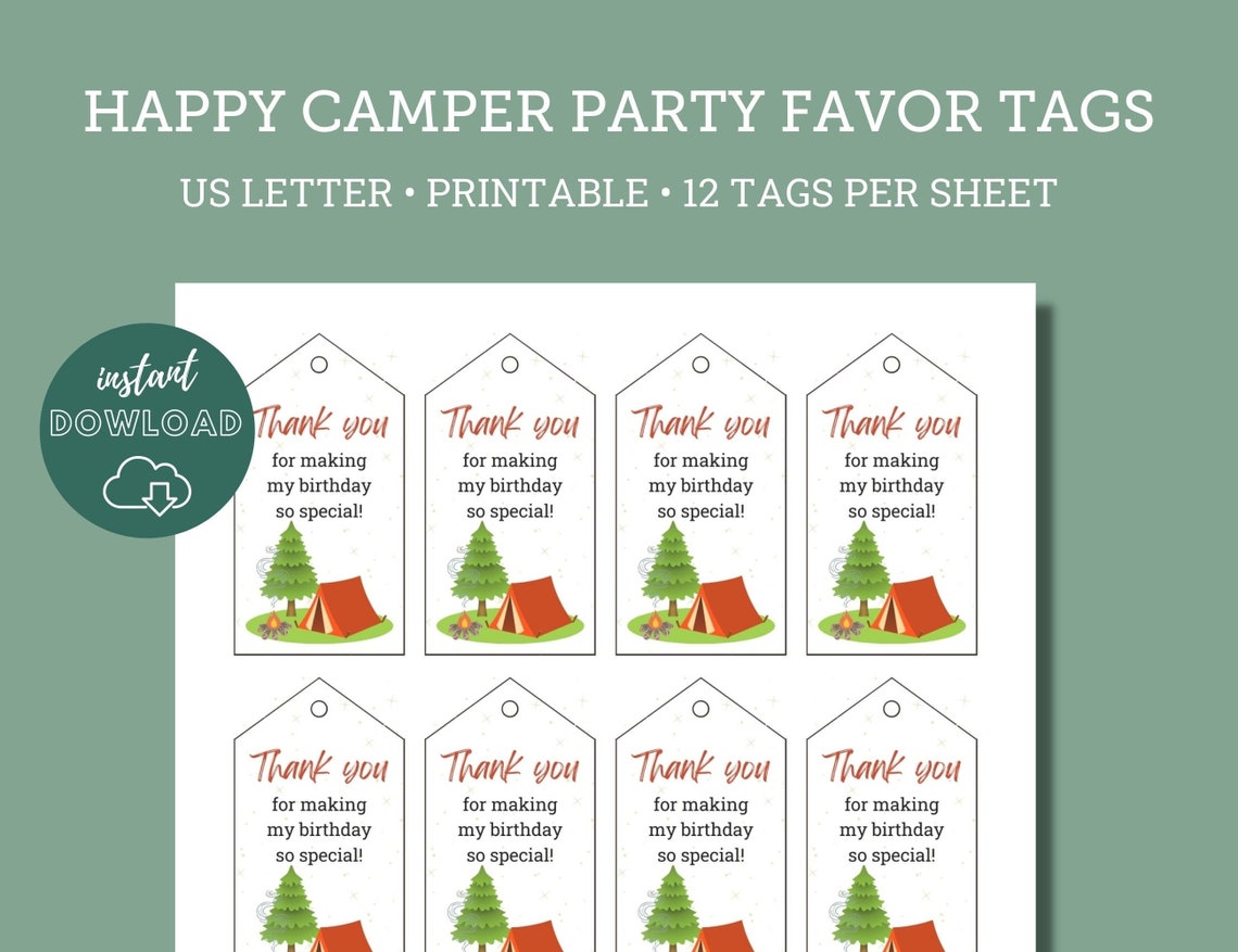 One Happy Camper Birthday Party Favor Thank You Tags Camping | Etsy
