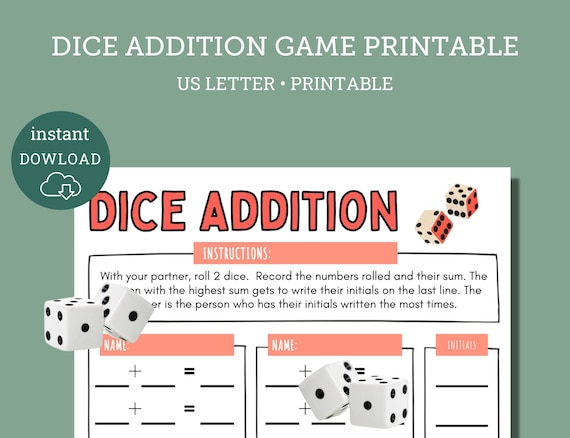 Dice Addition Game Printable Dice Counting Game First Grade - Etsy