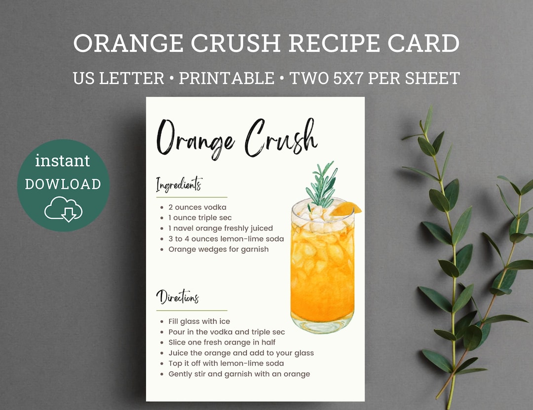 Orange Crush Printable Recipe Card, Orange Crush Gift Basket, Cocktail ...