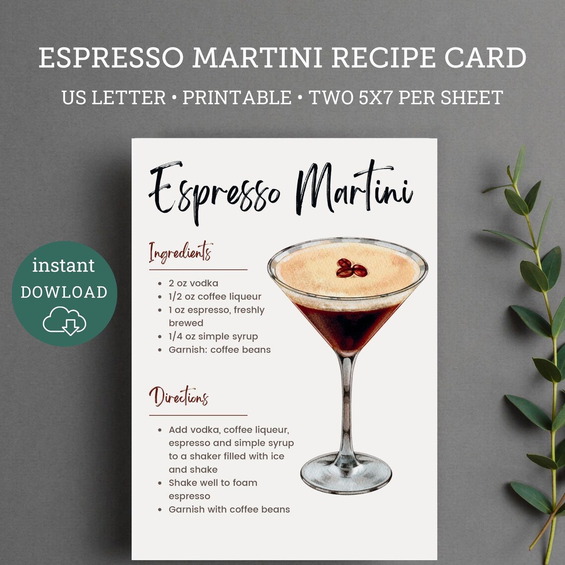 Espresso Martini Recipe Card, Cocktail Bar Cart Sign (digital Download ...
