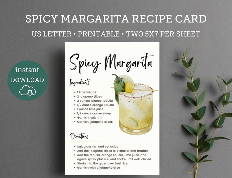 Spicy Margarita Recipe Card, Printable Cocktail Gift (digital Download ...