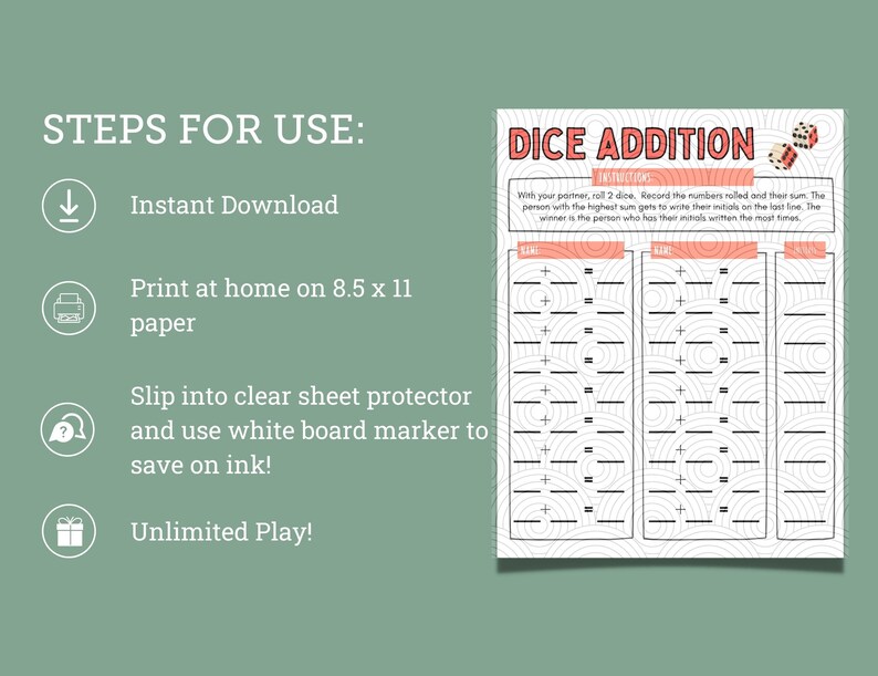 Dice Addition Game Printable Dice Counting Game First Grade - Etsy