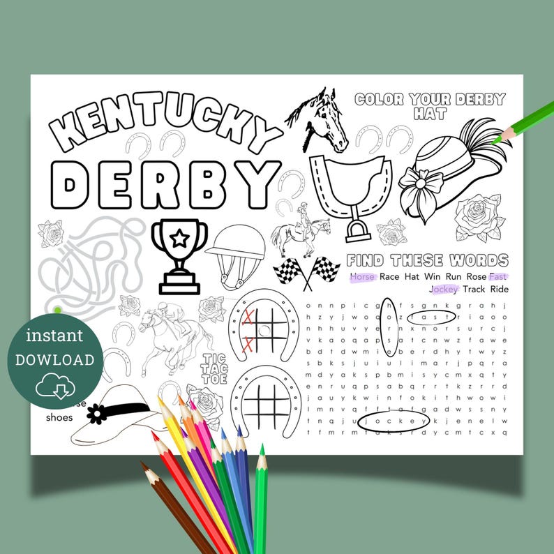 Kentucky Derby Kids Activity Placemat, Coloring Page (PDF) - Etsy
