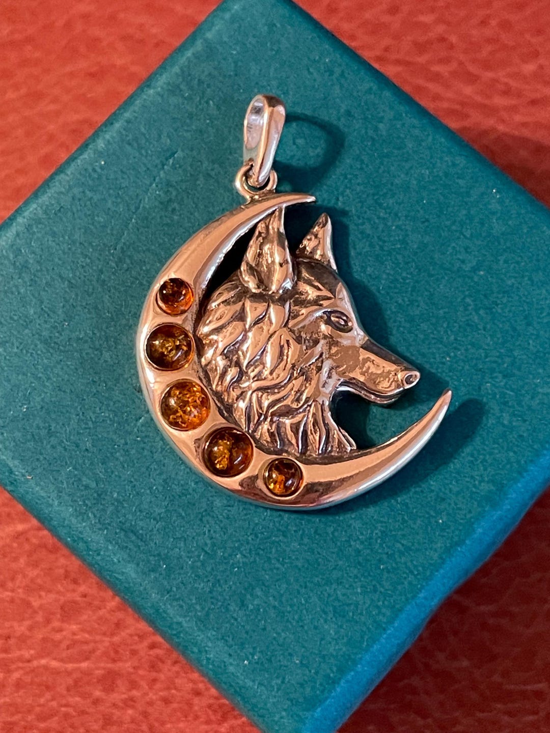 Sterling Silver and Amber Wolf and Moon Pendant - Etsy