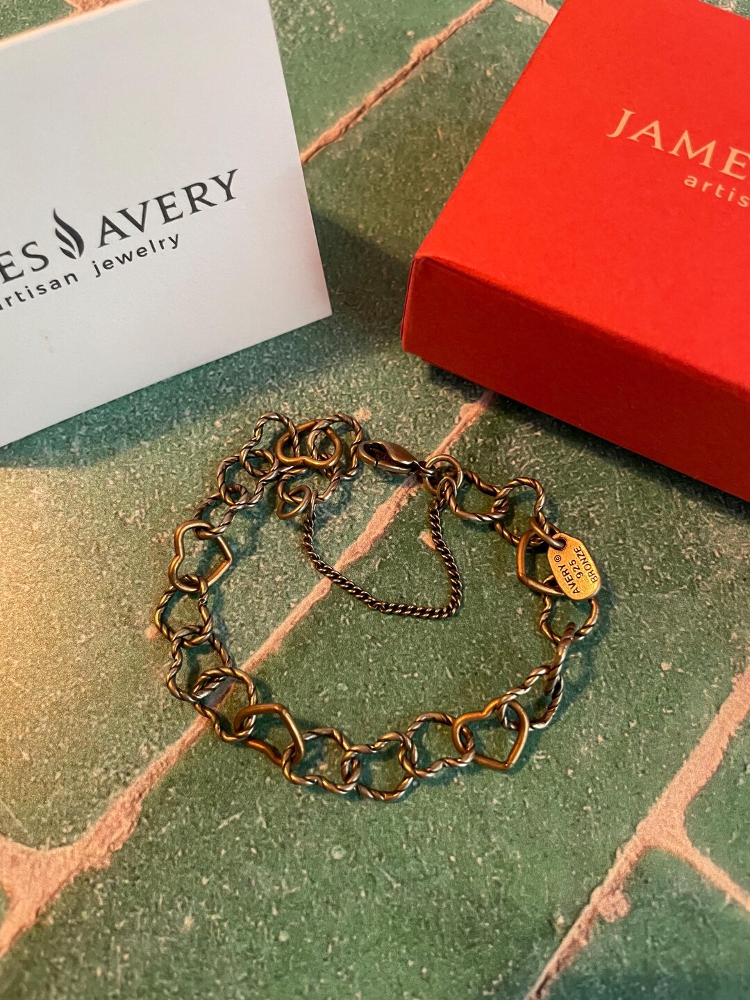 James Avery Sterling Silver and Bronze Twisted Wire Connected Hearts Charm Bracelet With Box ...