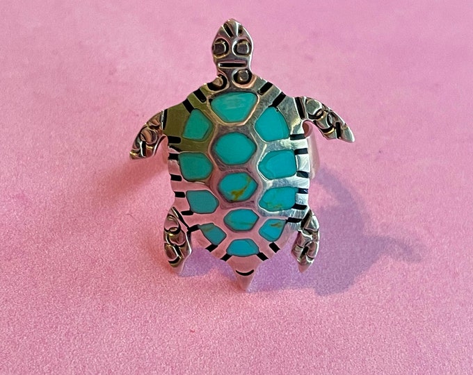 Sterling Silver & Turquoise Inlay Cute Turtle Ring Adjustable in Size ...