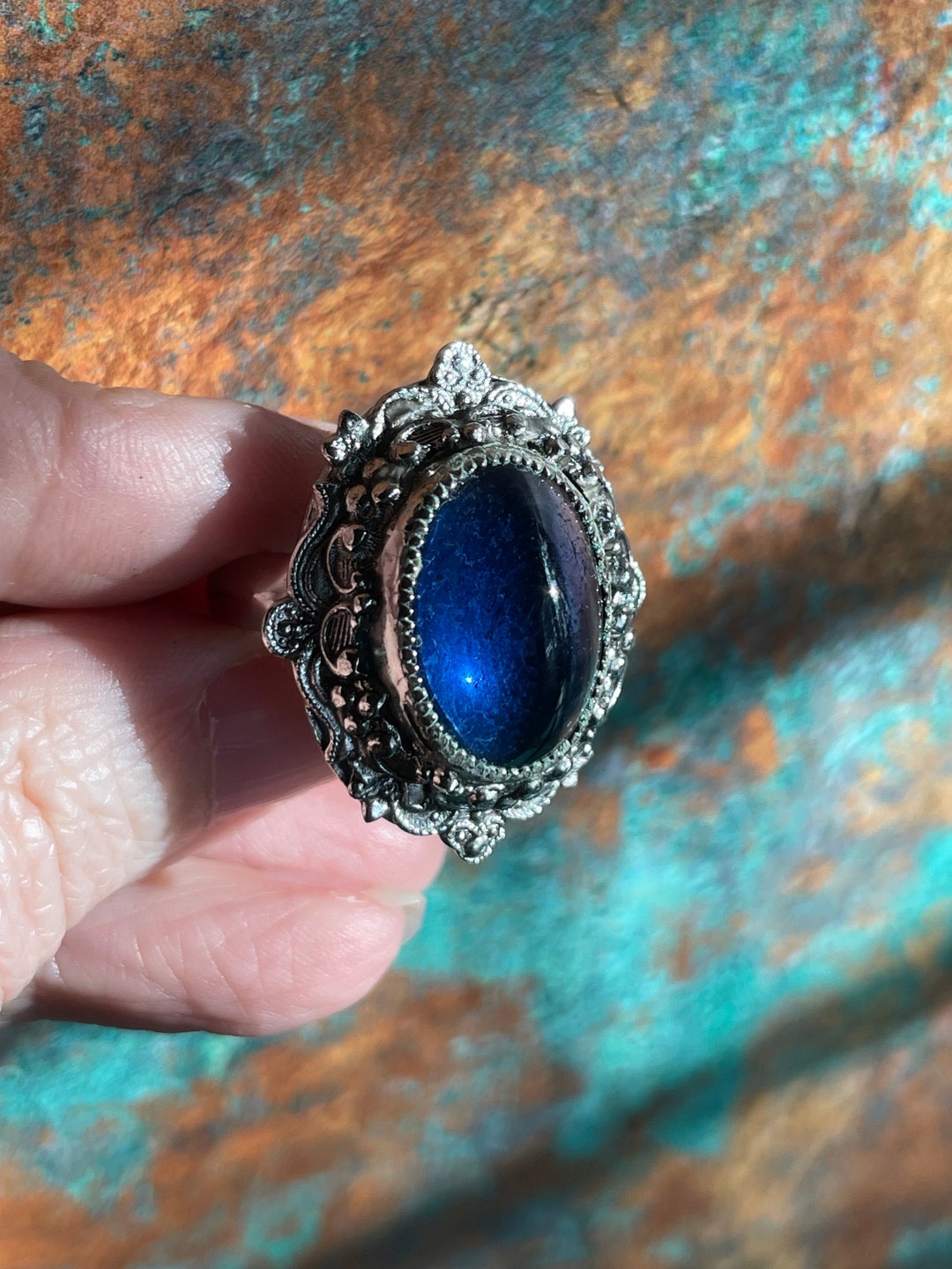 Vintage Whiting & Davis Silver Tone and Blue Statement Ring - Etsy