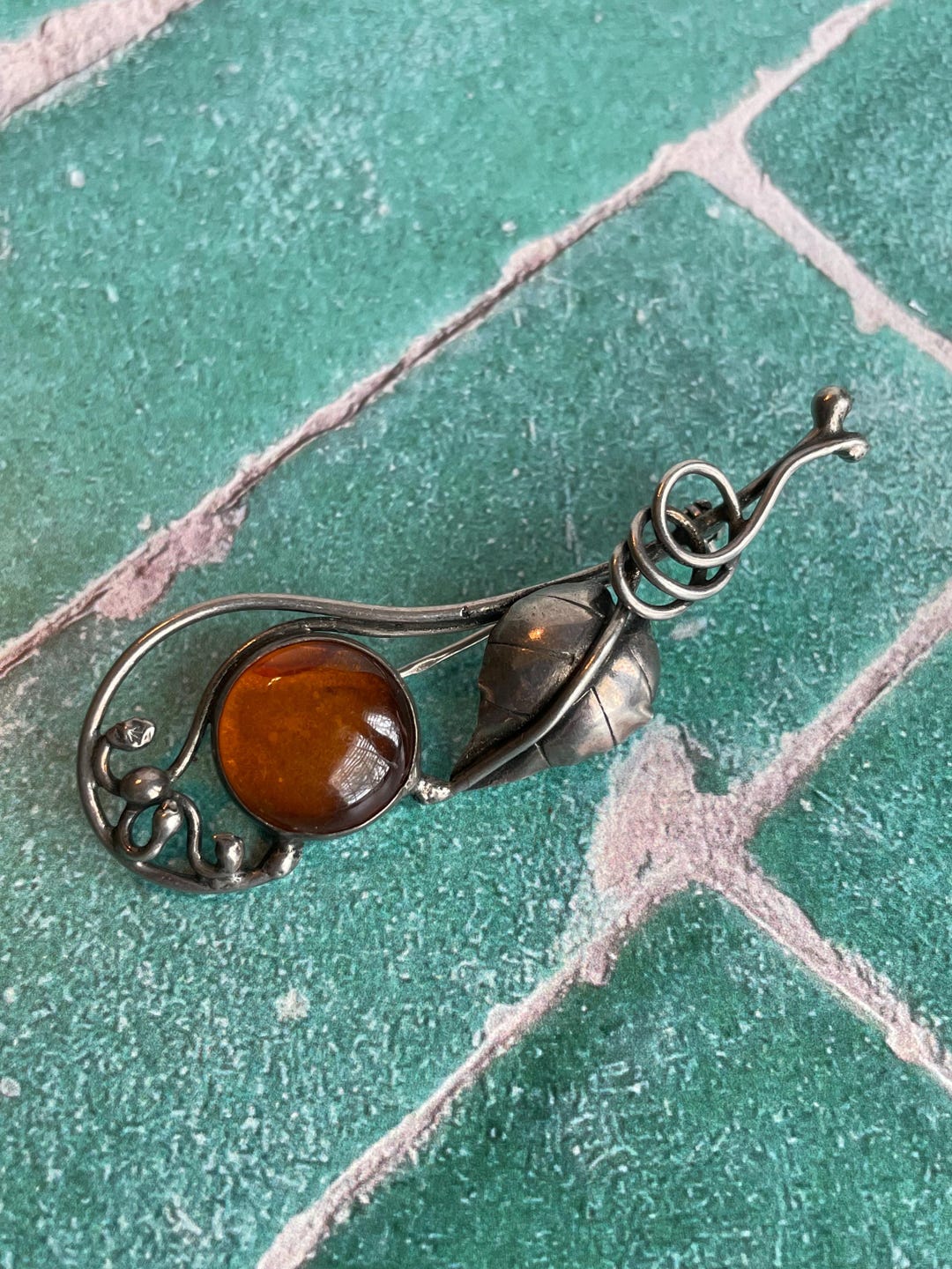 Super Cool Vintage Sterling Silver & Amber Brooch Sweater Pin - Etsy