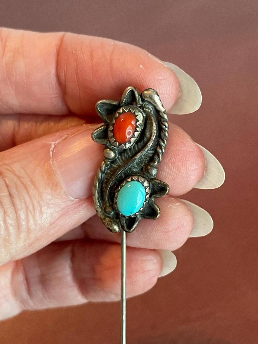 Native American Sterling Silver Coral and Turquoise Stick Pin Needs ...
