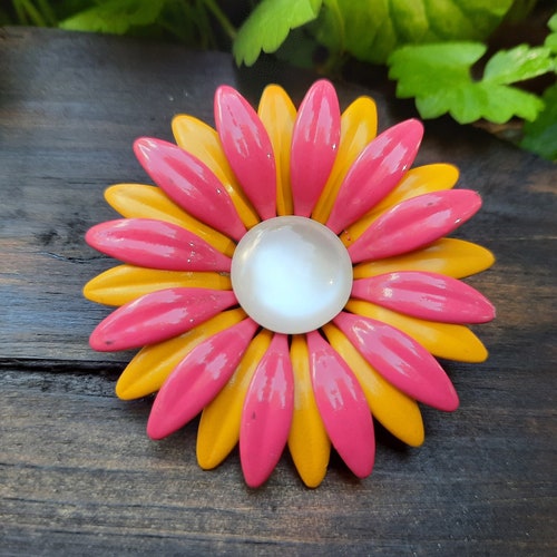 Painted Enamel Pot Metal Pink Flower Pin With Rhinestones - Etsy