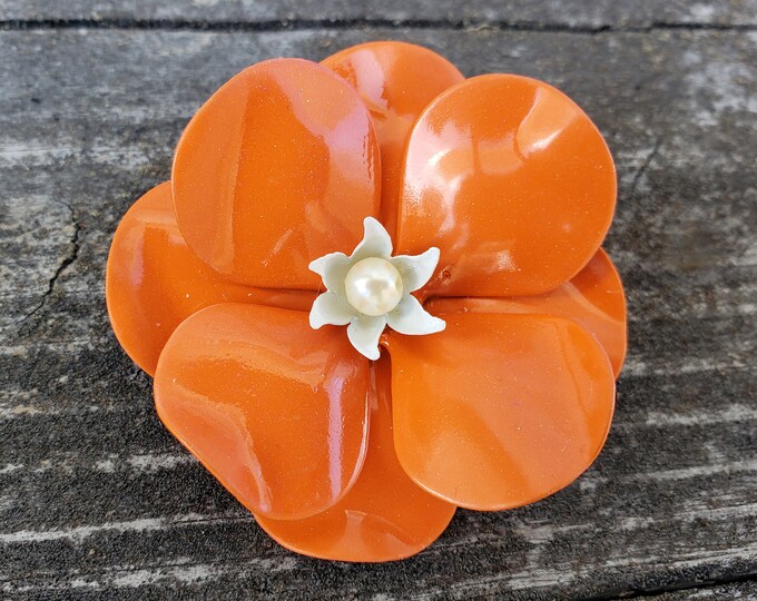 Bright Orange Flower Brooch Pin Medium Orange Metal Flower Broach Retro ...