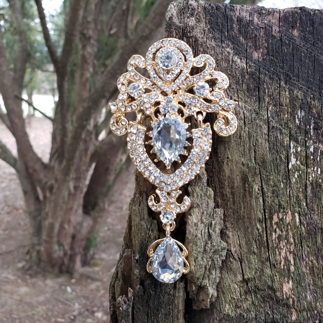 Gold Tone Rhinestone Flat Back Brooch Swinging Drop Pin Clear Crystal ...