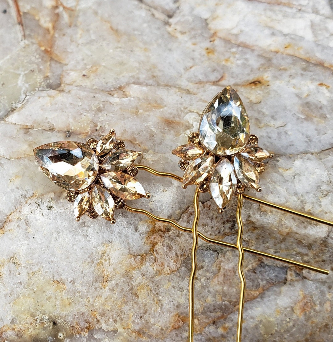 Champagne Rhinestone Hair Pins Set of 2 Crystal Hairpins U Pins Updo ...