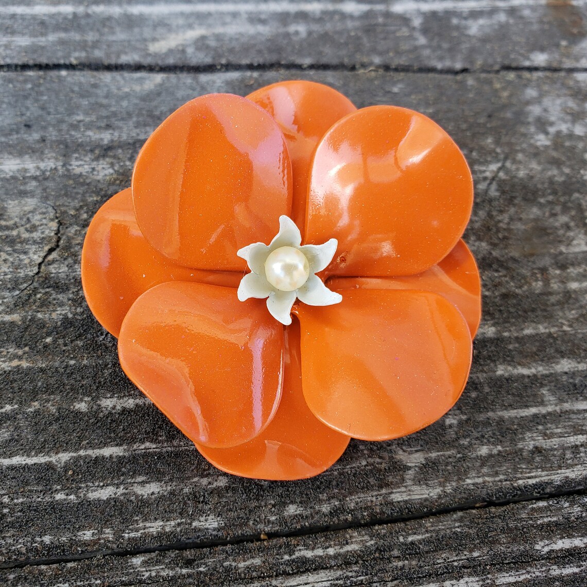 Bright Orange Flower Brooch Pin Medium Orange Metal Flower - Etsy