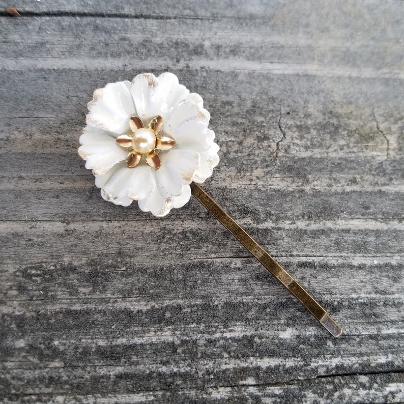 Small Distressed Ivory Metal Flower Hair Pin Cream Enamel - Etsy