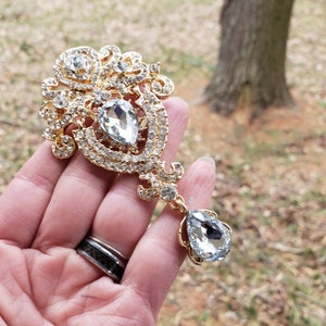 Gold Tone Rhinestone Flat Back Brooch Swinging Drop Pin Clear Crystal ...