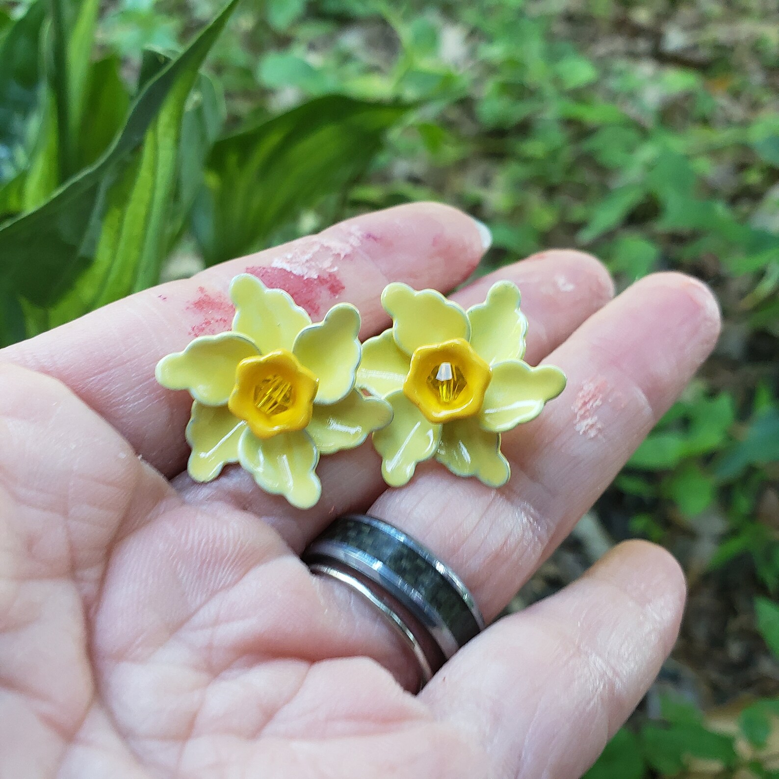Daffodil Enamel Flower Earrings .925 Sterling Silver Posts 1 Inch Metal ...