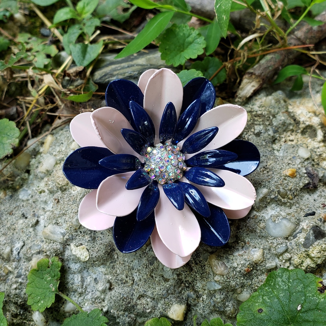 Enamel Flower Brooch Pink and Navy Blue Metal Flower Pin Pink Enamel ...