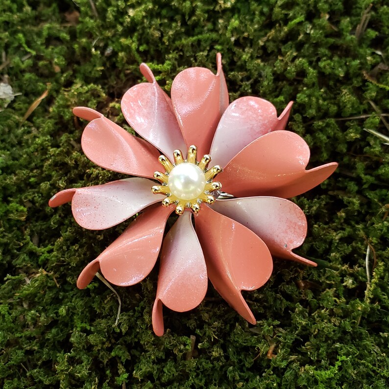 Coral Brooch Salmon Pink Orange Enamel Flower Pin Coral Flower | Etsy