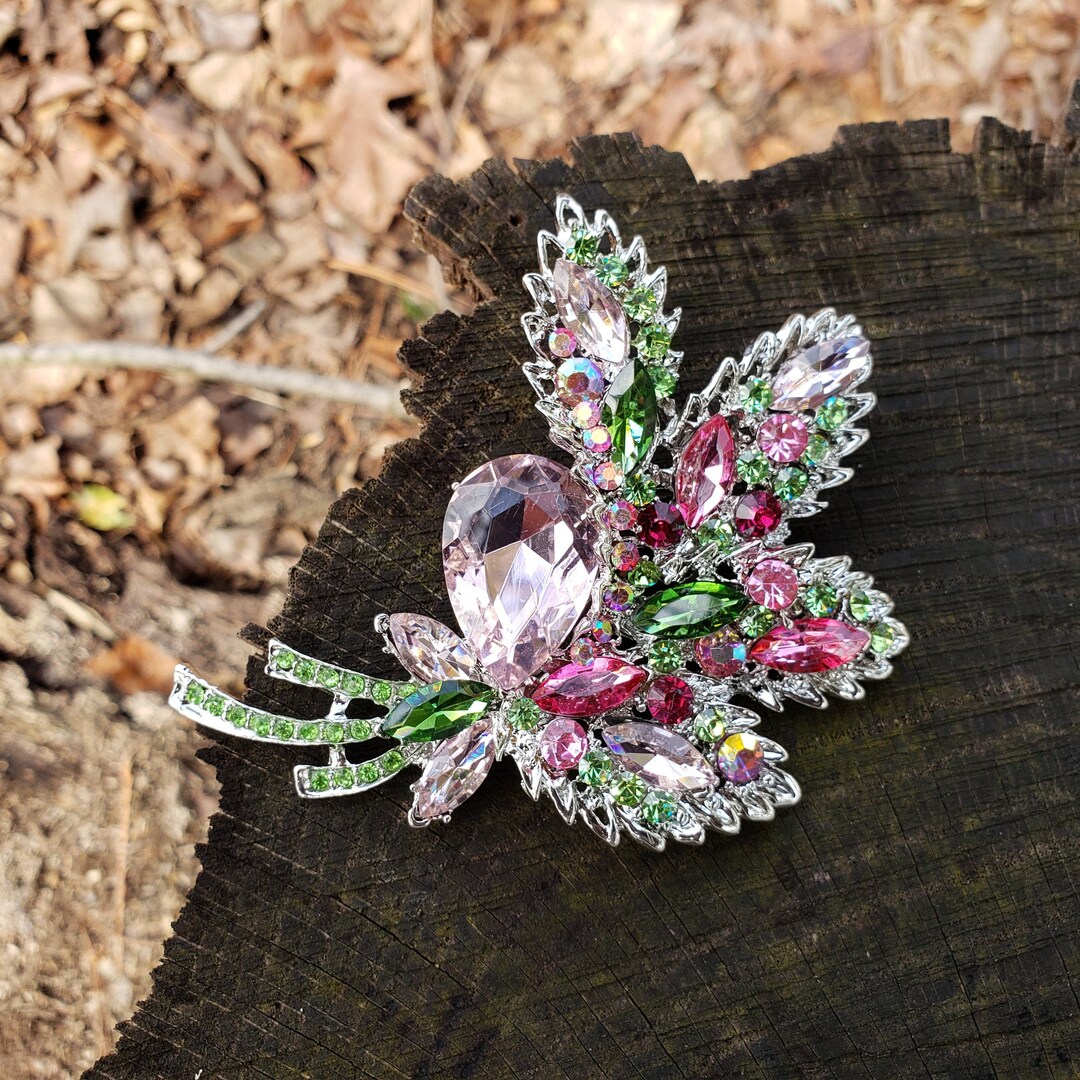 4.1 Inch Pink and Green Crystal Rhinestone Brooch or Flat Back ...
