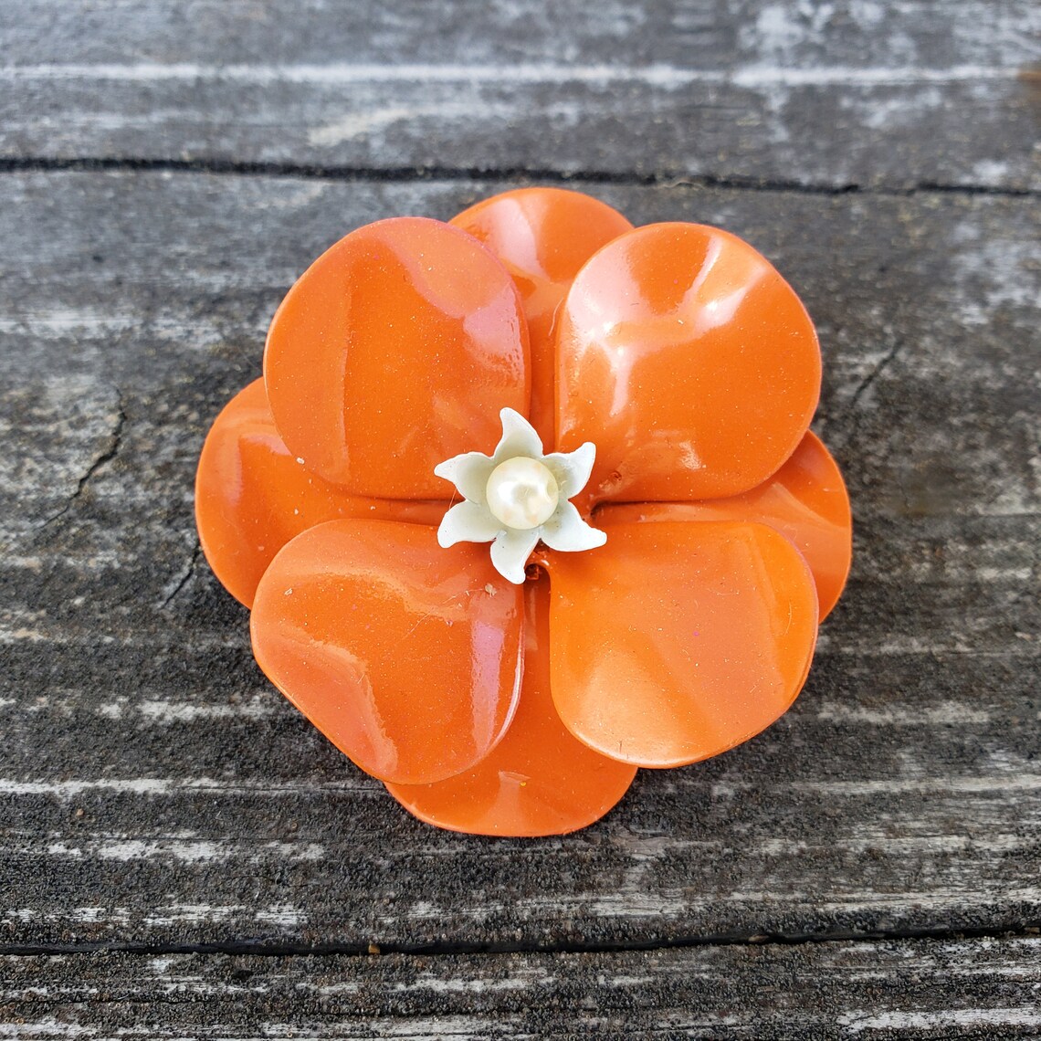 Bright Orange Flower Brooch Pin Medium Orange Metal Flower - Etsy