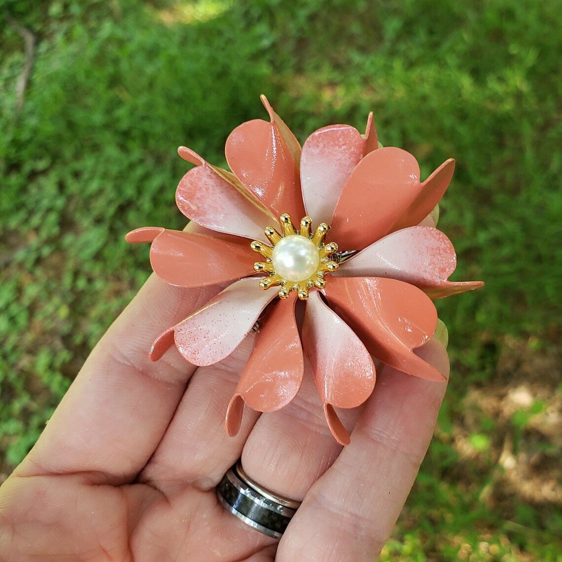 Coral Brooch Salmon Pink Orange Enamel Flower Pin Coral Flower | Etsy