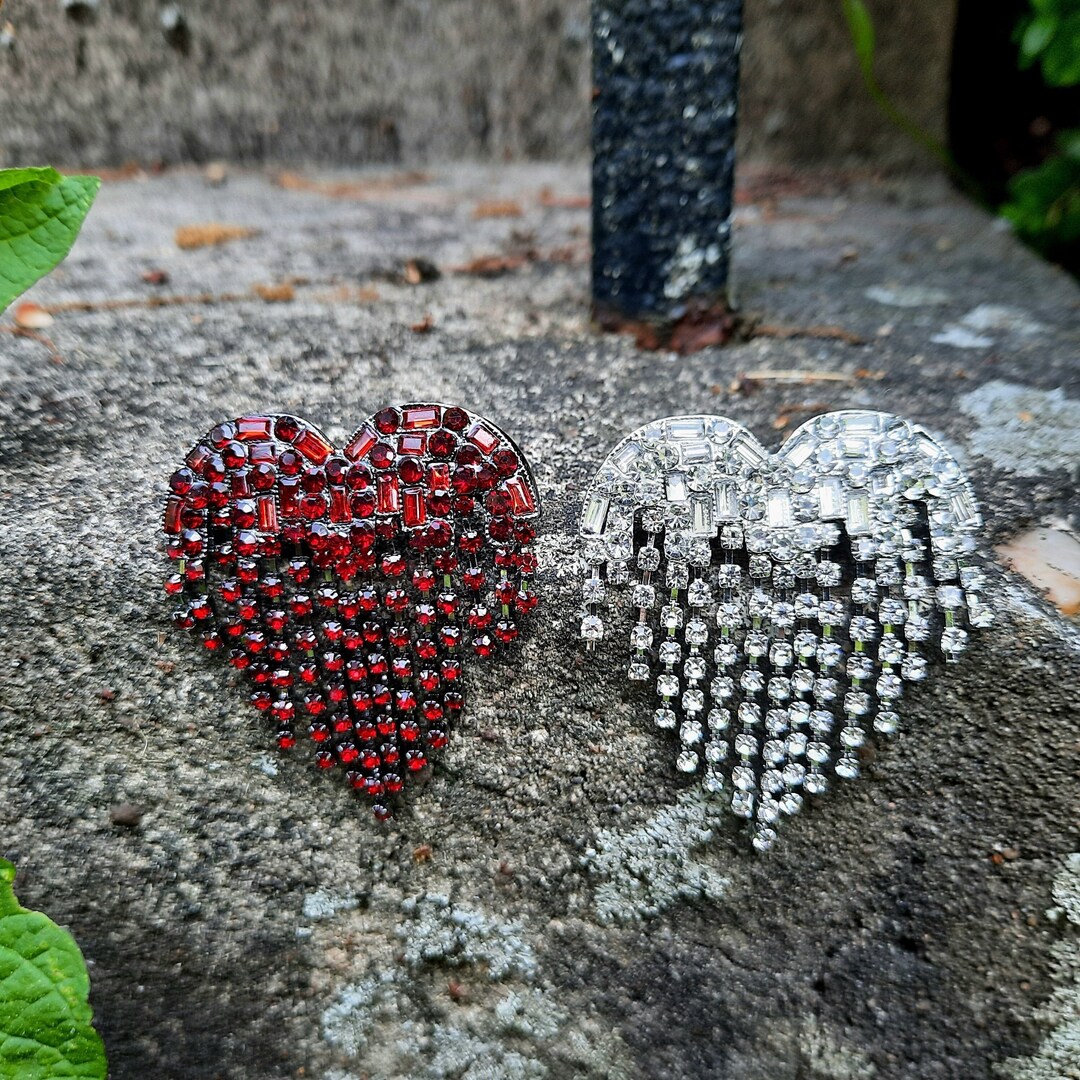 Clear or Red Rhinestone Heart Embellishment Flat Back or Pin Silver ...