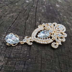 Gold Tone Rhinestone Flat Back Brooch Swinging Drop Pin Clear Crystal ...
