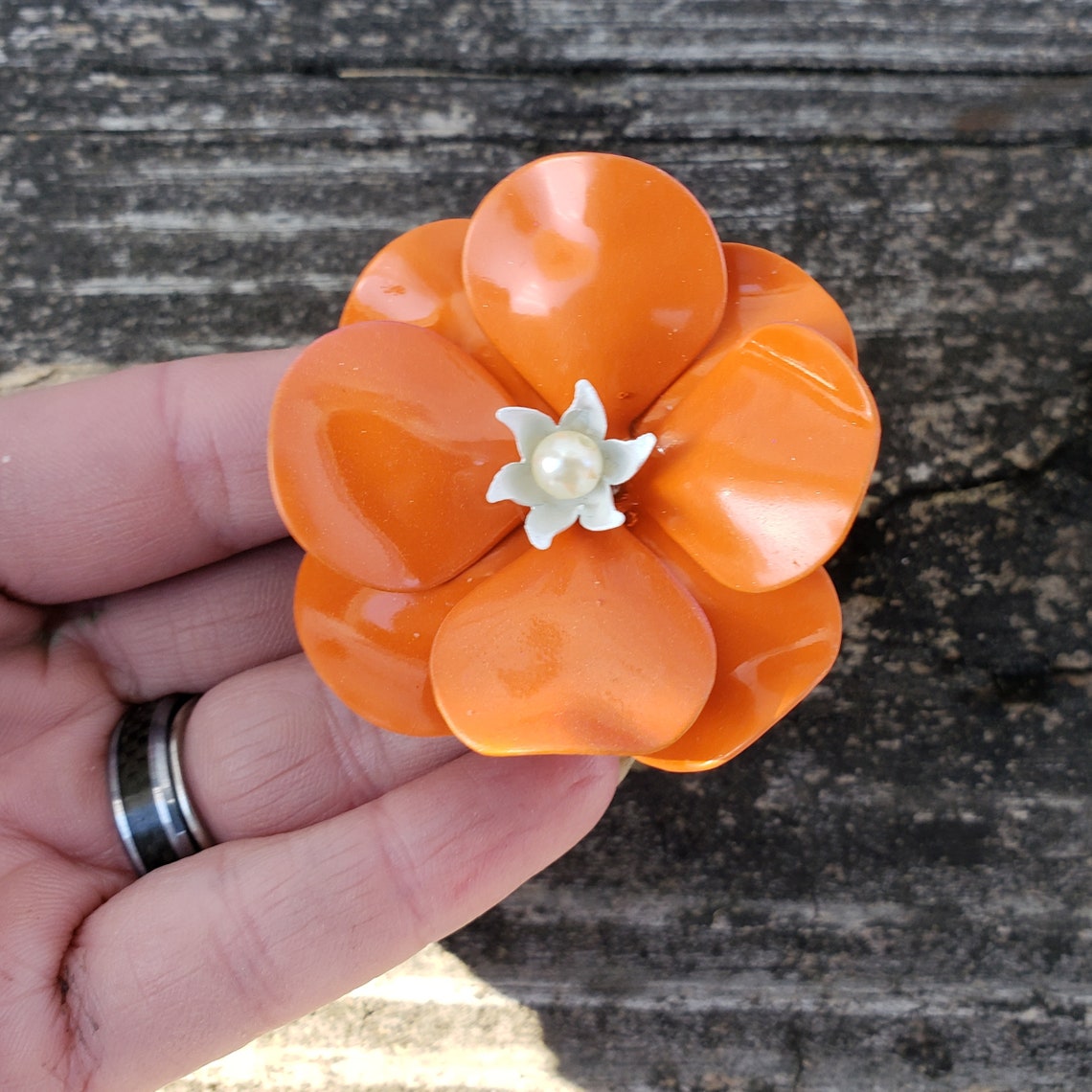 Bright Orange Flower Brooch Pin Medium Orange Metal Flower - Etsy