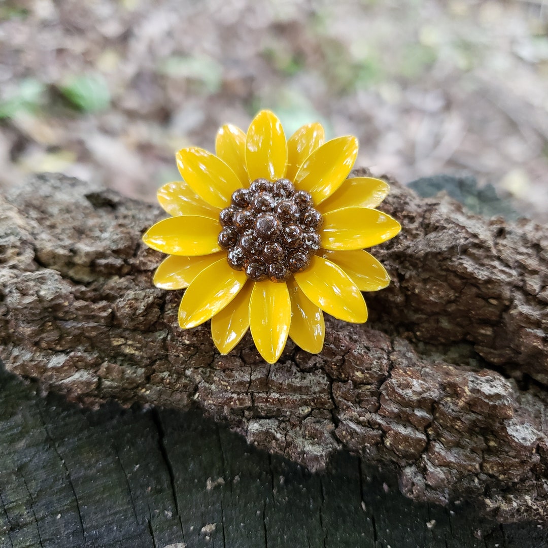 Small Sunflower Pin Enamel Flower Brooch 38mm Yellow and Brown Metal ...