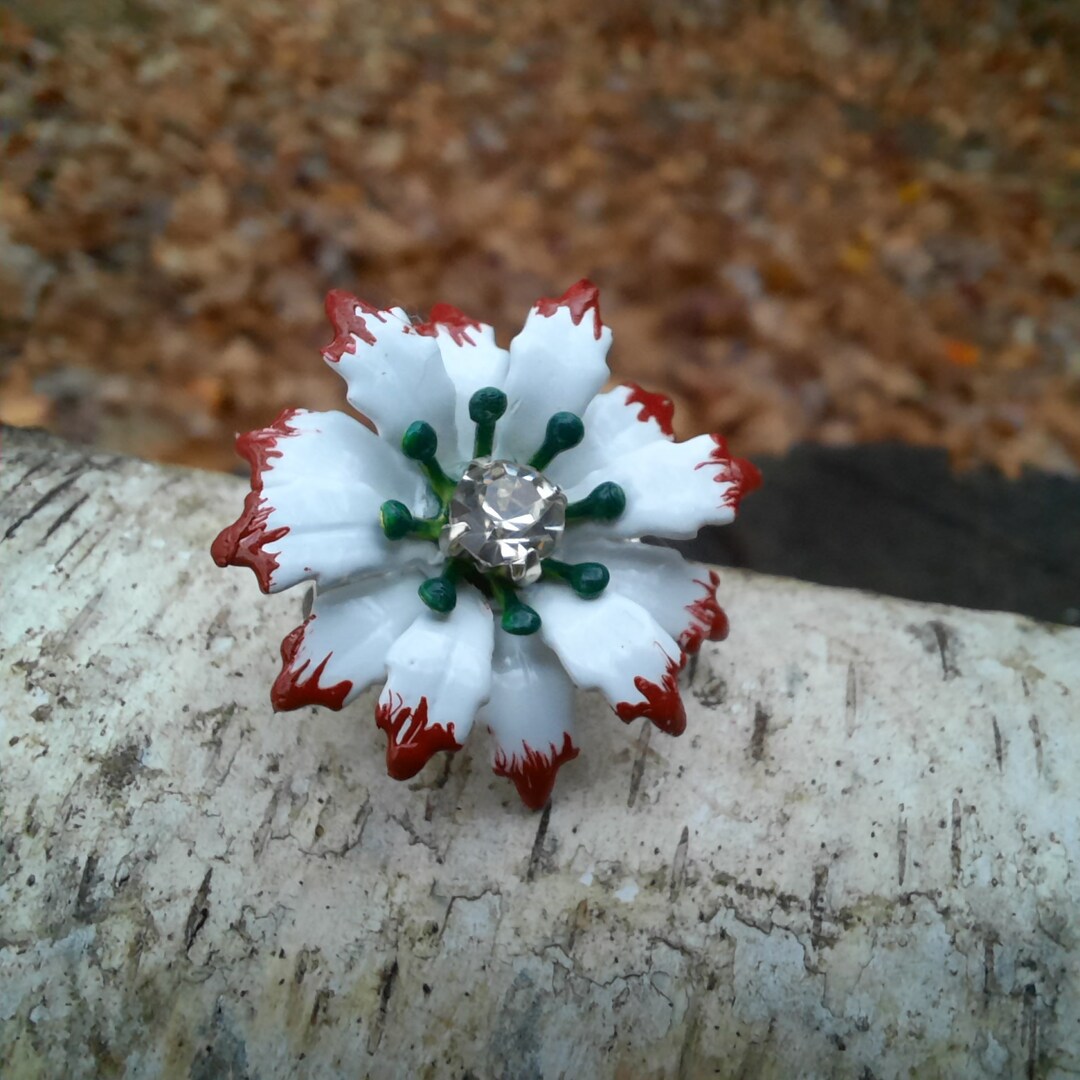Tiny White Red and Green Pin or Tie Tack Enamel Flower Brooch ...