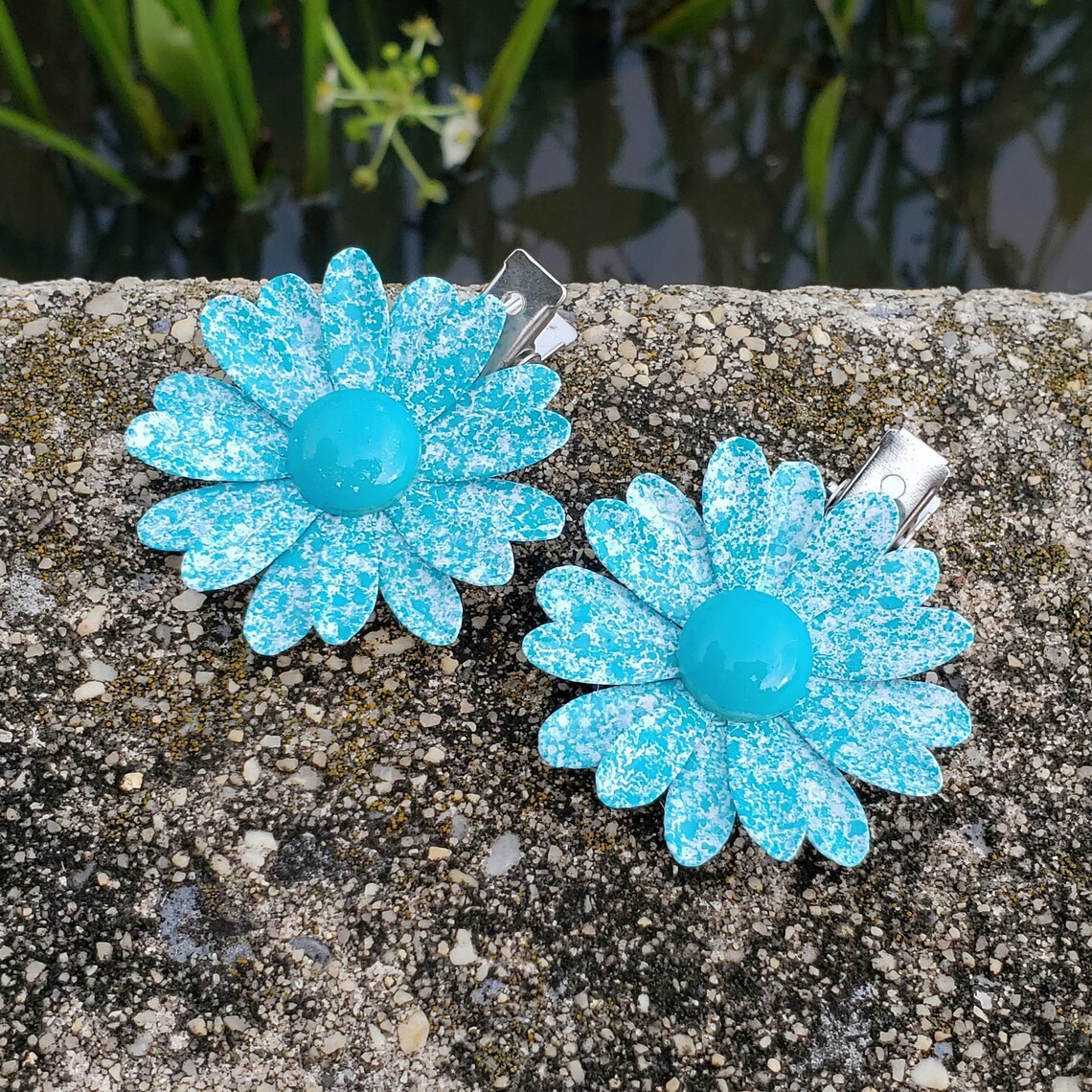 Blue Metal Flower Hair Clip Set Enamel Flower Alligator Clip Turquoise ...