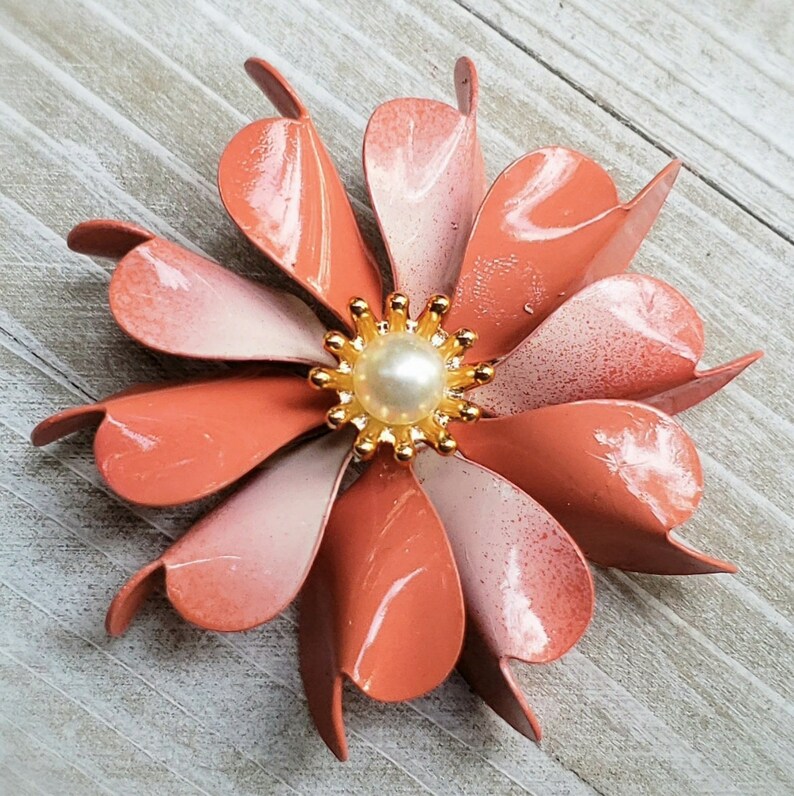 Coral Brooch Salmon Pink Orange Enamel Flower Pin Coral Flower | Etsy