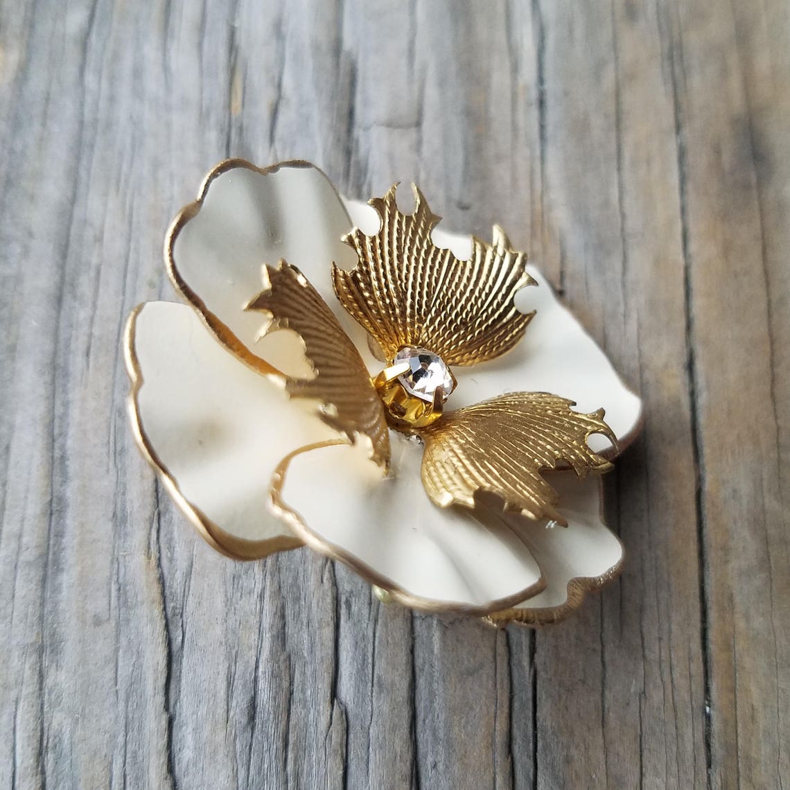 Small Enamel Flower Brooch Ivory and Gold Pansy Metal Flower | Etsy