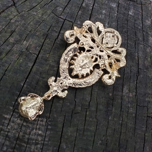 Gold Tone Rhinestone Flat Back Brooch Swinging Drop Pin Clear Crystal ...